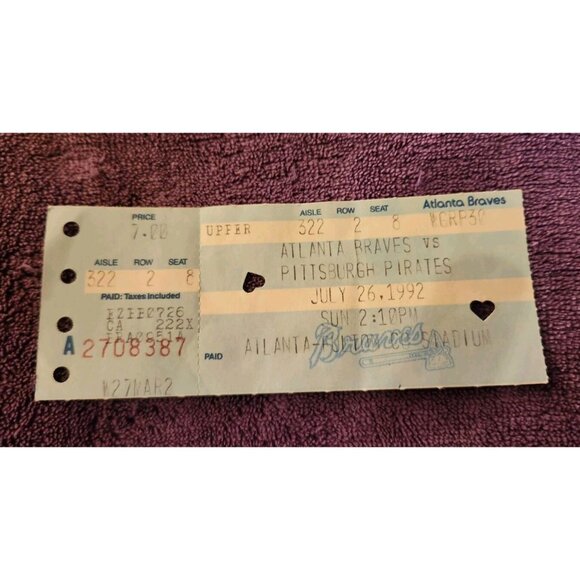 Other | 1992 Atlanta Braves Vs Pittsburgh Pirates Game Stub 7261992 ...